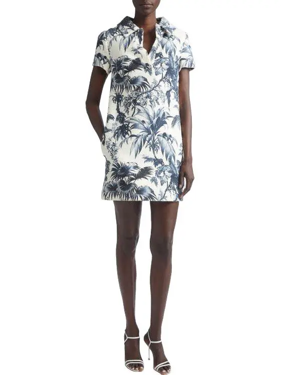 Oscar De La Renta Palm Leaves Print Cotton & Wool Blend Tweed Dress - Navy/ivory