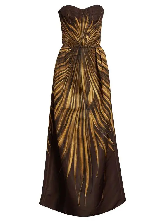 Oscar De La Renta Strapless Faille Palm Print Gown - Brown/brown
