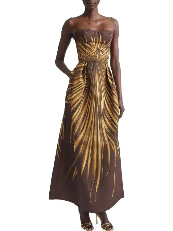 Oscar De La Renta Strapless Faille Palm Print Gown - Brown/brown