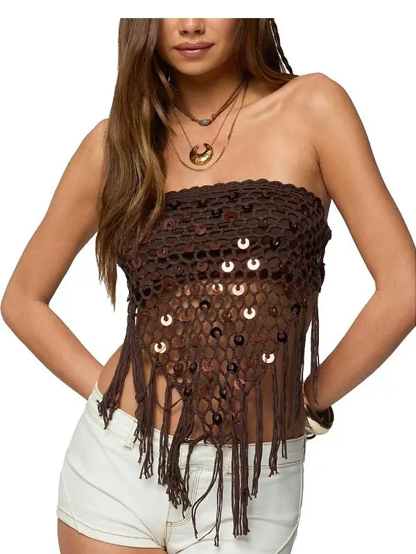 EDIKTED Crochet Fringed Handkerchief Top - Brown