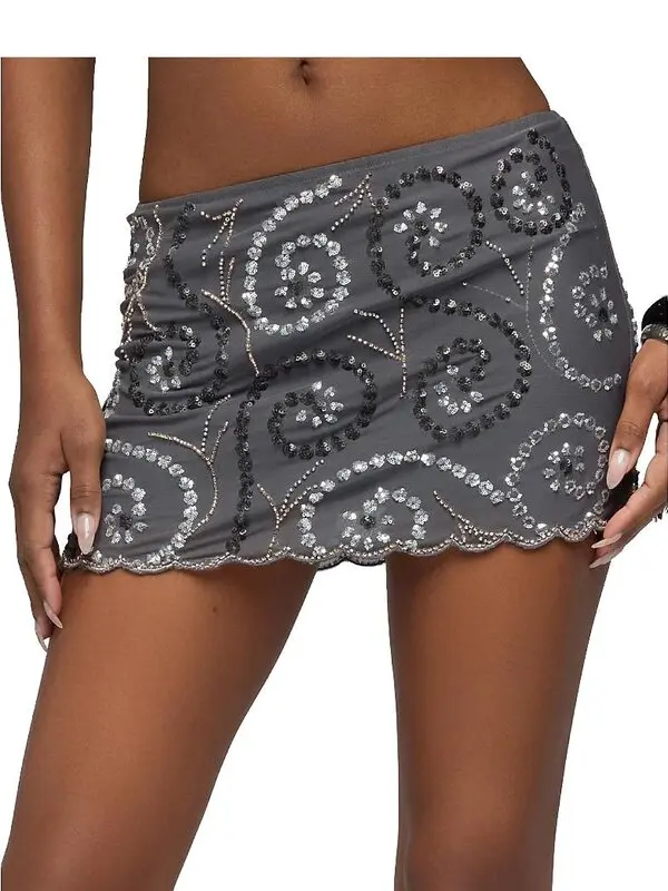 EDIKTED Embroidered Bead & Sequin Mesh Mini Skirt - Dark-gray