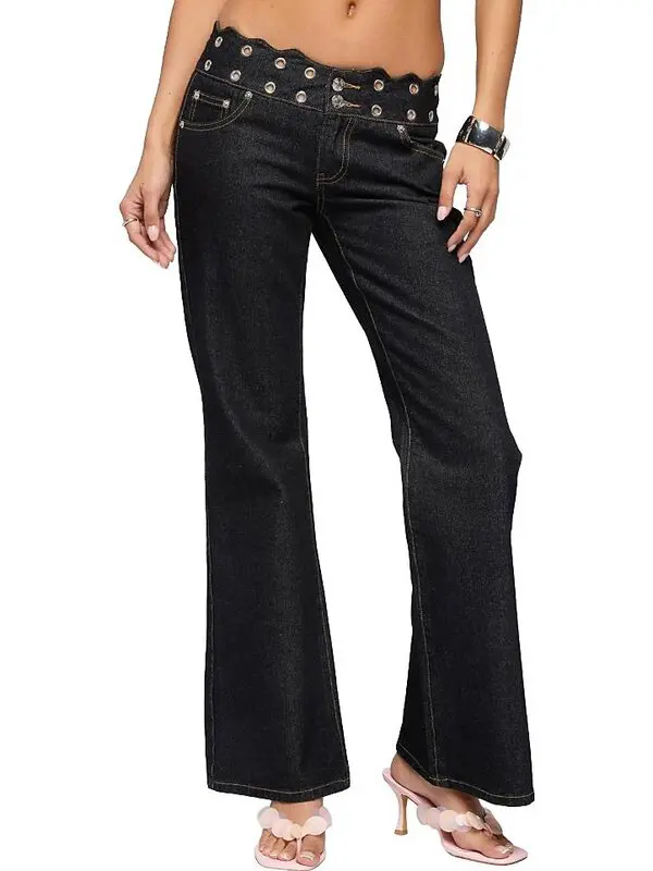 EDIKTED Scalloped Grommet Low Rise Bootcut Jeans - Dark-blue