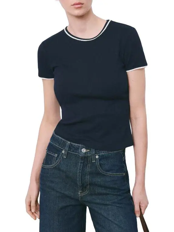 Mango Ribbed Crewneck T-shirt With Contrast Trim - Navy