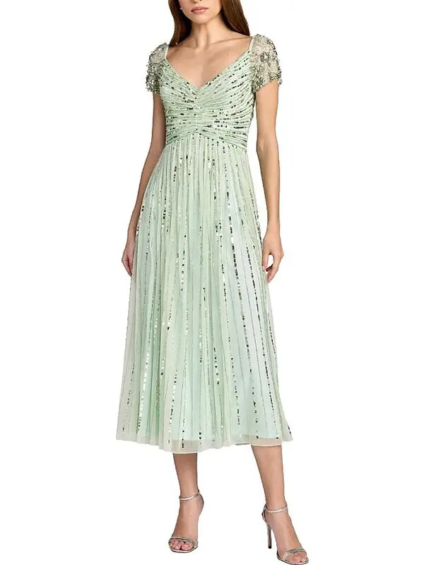 Mac Duggal Sequin Mesh Midi Dress With Beaded Shoulders - Sage