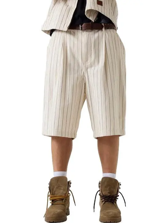 Guess Pleated Pinstriped Baggy Shorts - Natural