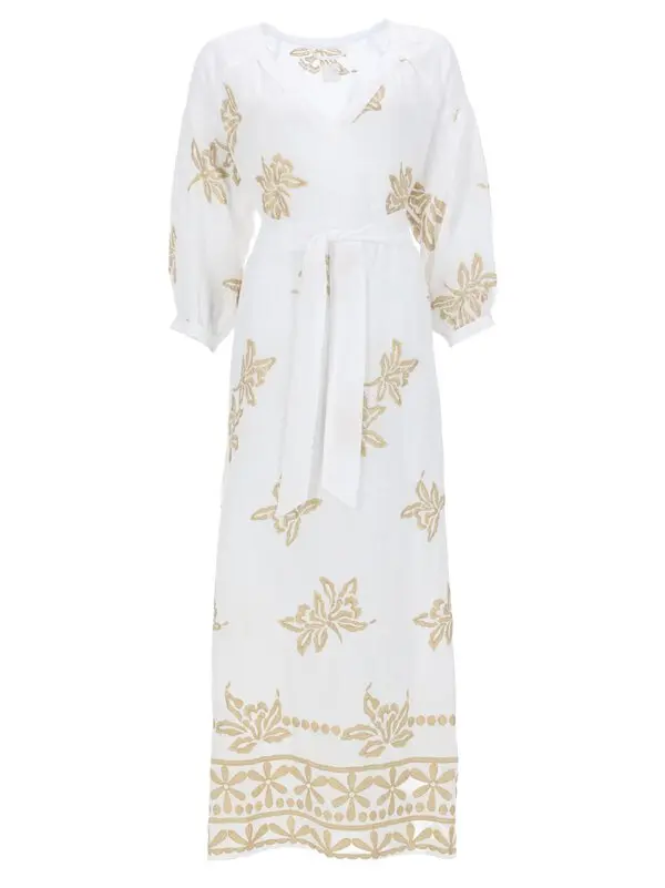 120% Lino Midi Dress With Floral Print - White