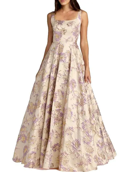 Mac Duggal Sleeveless Square Neck Brocade Ball Gown - Champagne Multi
