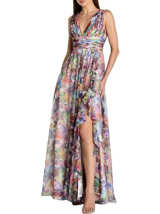 Mac Duggal Sleeveless Printed Chiffon V-neck Gown - Multi