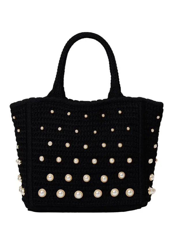 Sandro Beaded Crochet Top Handle Bag - Black