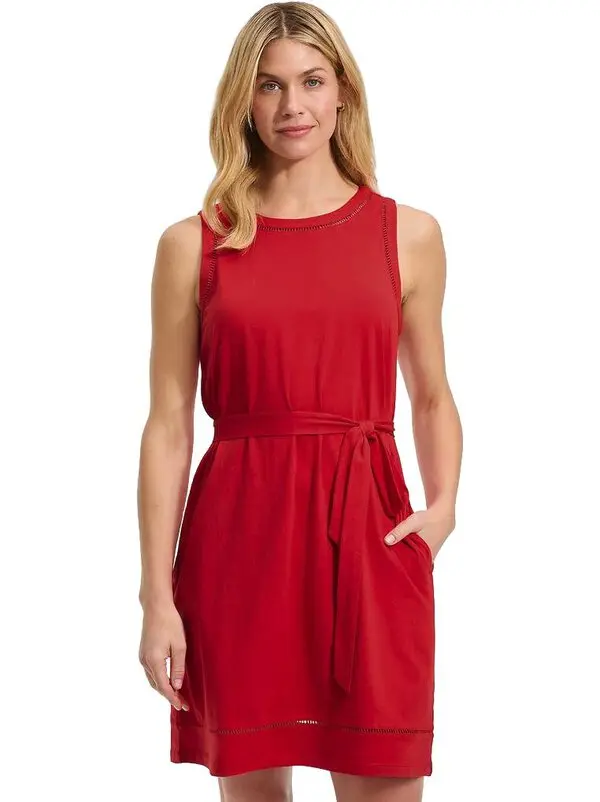LANDS' END Cotton Jersey Crew Neck Sleeveless Shift Dress With Ladder Trim - Compass Red