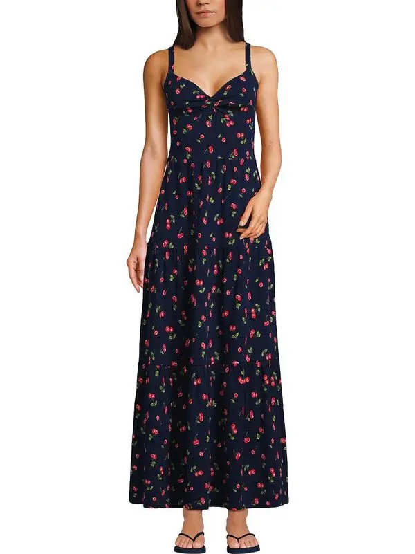 LANDS' END Cotton Modal Twist Front Tiered Maxi Dress - Deep Sea Navy/cherries