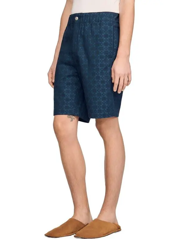Sandro Square Cross Pattern Denim Shorts - Navy Blue