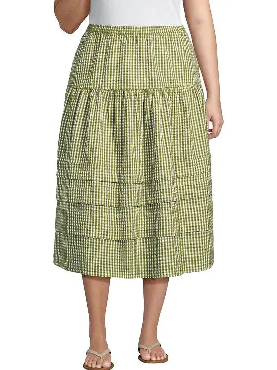 LANDS' END Seersucker Tiered Midi Skirt With Elastic Waist - Vintage Lime Green Gingham
