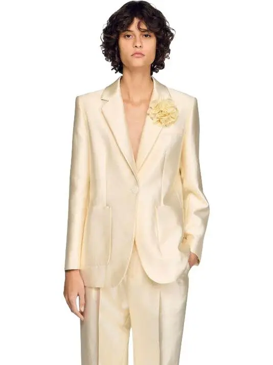 Sandro Satin Effect Tailored Jacket With Flower Brooch - Cream