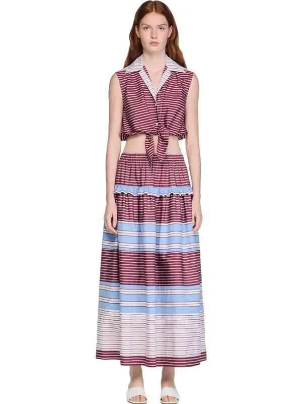 Sandro Sleeveless Striped Cropped Shirt With Front Tie - Burgundy/white