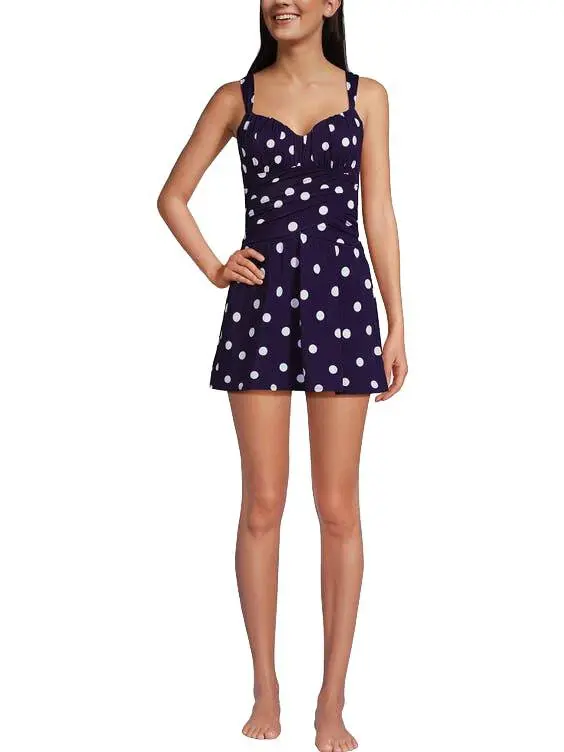 LANDS' END Slenderlite Sweetheart Shirred Swim Dress - Blackberry Polka Dot