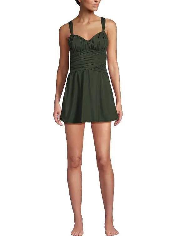 LANDS' END Slenderlite Sweetheart Shirred Swim Dress - Rich Olive Green