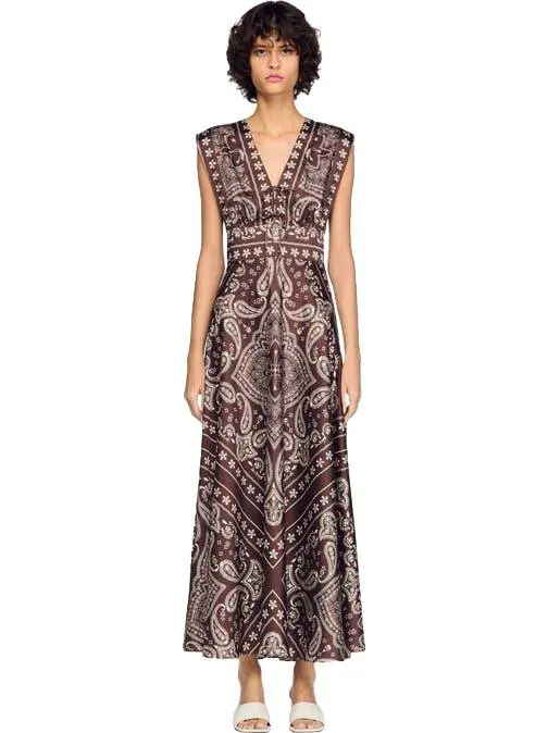 Sandro Paisley Print V-neck Maxi Dress - Taupe/white