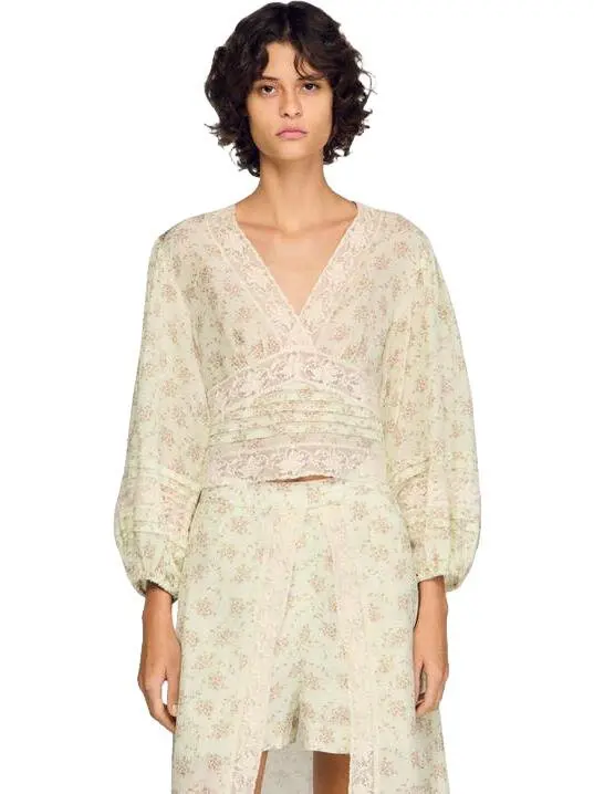 Sandro Floral Print Lace Trimmed V-neck Cropped Blouse - Pink/green