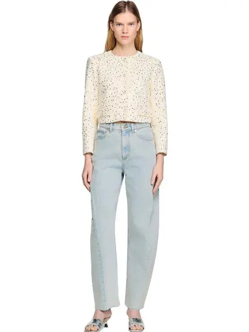 Sandro Cropped Sequinned Cotton Jacket - Ecru