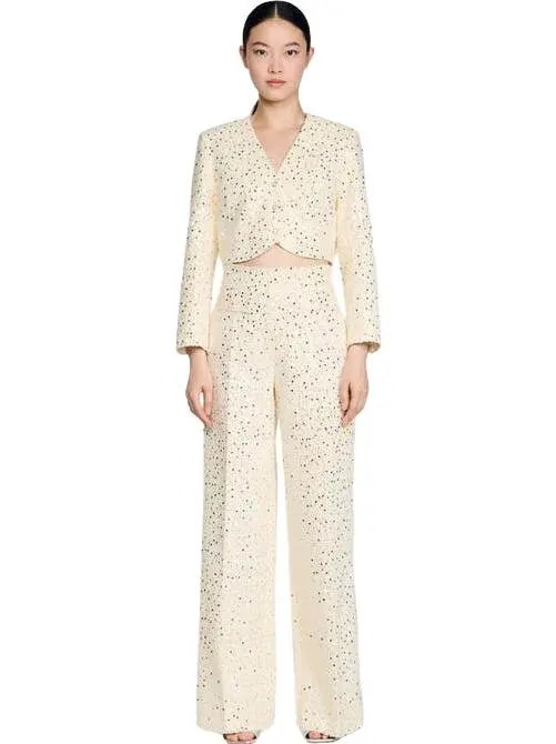 Sandro Sequin Straight-leg Cotton Trousers - Ecru