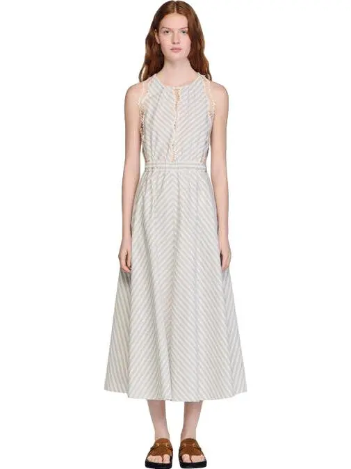 Sandro Striped Cotton Maxi Dress With Contrasting Trim - Ecru/bleu