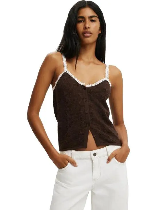 COTTON ON Knit Button Through Cami With Lace Detail - Dark Oak