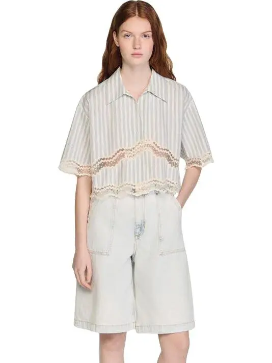 Sandro Cropped Striped Cotton Shirt With Lace Trim - Ecru/bleu