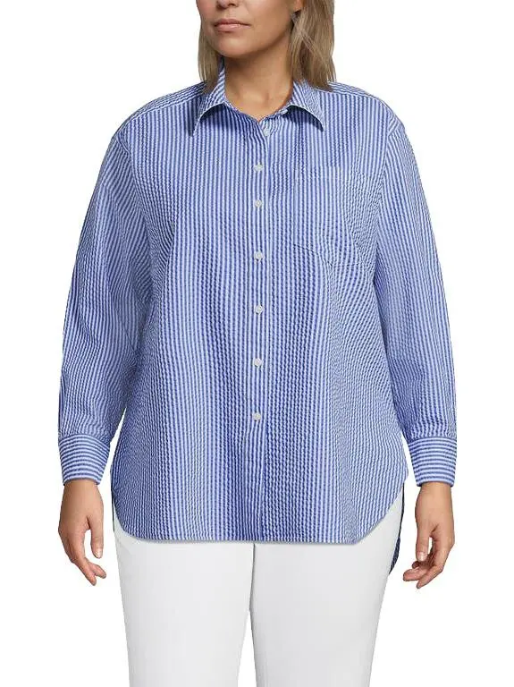 LANDS' END Seersucker Oversized Button-up Shirt - Clear Blue/white Stripe