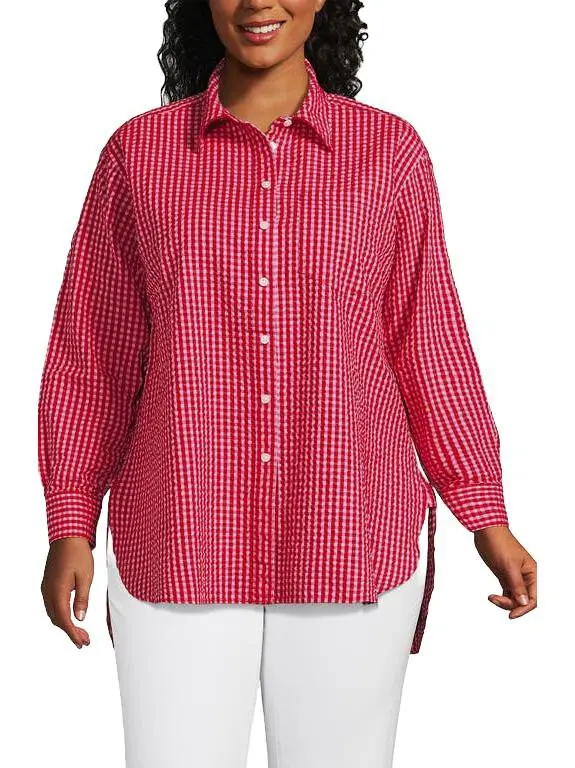 LANDS' END Seersucker Oversized Button-up Shirt - Compass Red/pink Gingham