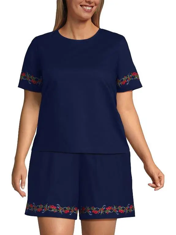 LANDS' END Poplin Eyelet Back Tie Shirt - Cherry Border/deep Sea Navy