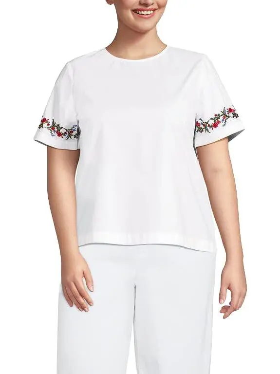 LANDS' END Poplin Eyelet Back Tie Shirt - Cherry Border/white