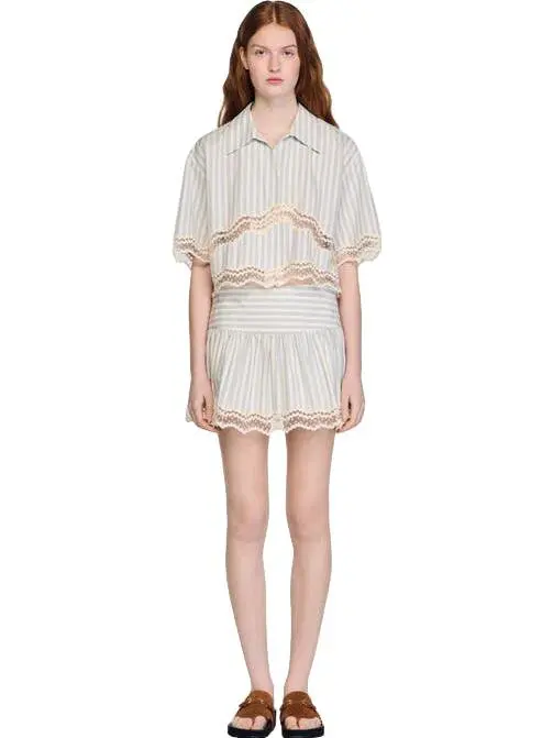 Sandro Striped Cotton Skort With Lace Trim - Ecru/bleu