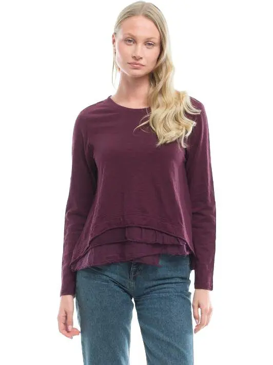 Wilt Boxy Mixed Fabric Hem Long Sleeve T-shirt - Dark Fig