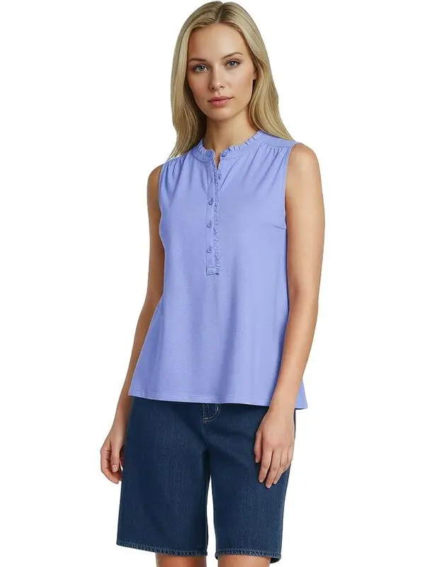 LANDS' END Linen Blend Ruffle Trim Tank Top - Clear Blue Sky