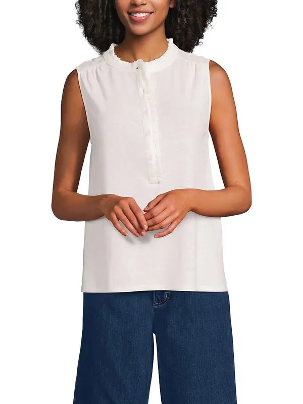 LANDS' END Linen Blend Ruffle Trim Tank Top - Ivory
