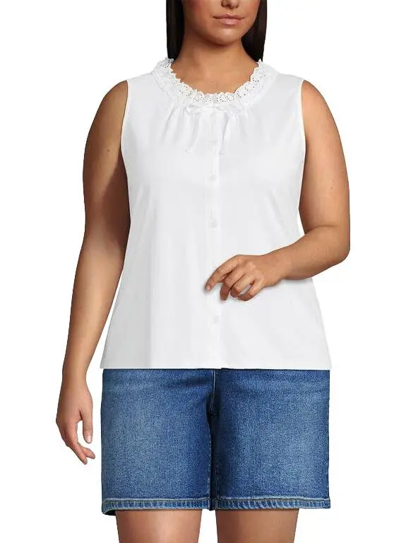 LANDS' END Lightweight Jersey Button Front Tank With Lace Trim - White
