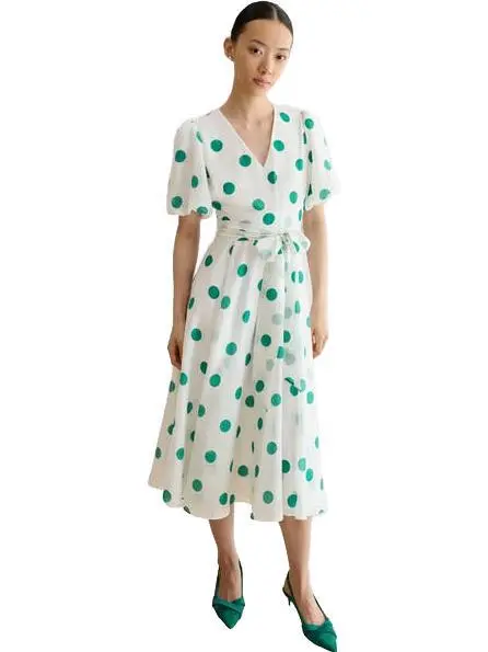 HOBBS LONDON Polka Dot Wrap Midi Dress - Ivory/green