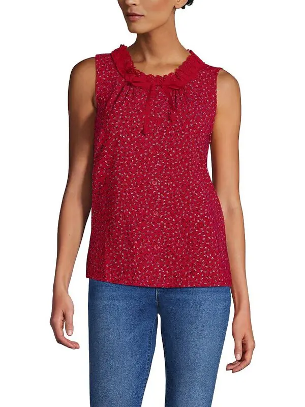 LANDS' END Lightweight Jersey Lace Trim Button Front Tank - Compass Red Ditsy Floral