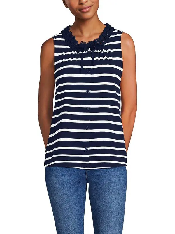 LANDS' END Lightweight Jersey Lace Trim Button Front Tank - Deep Sea Navy Clean Stripe