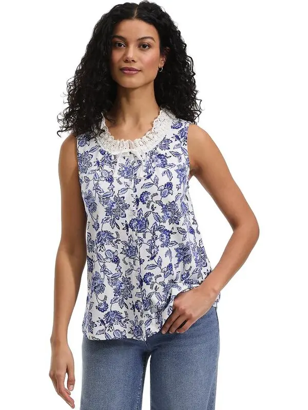 LANDS' END Lightweight Jersey Lace Trim Button Front Tank - Ivory/blue Vintage Floral