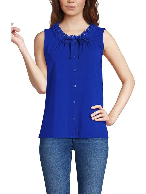LANDS' END Lightweight Jersey Lace Trim Button Front Tank - Vibrant Lapis