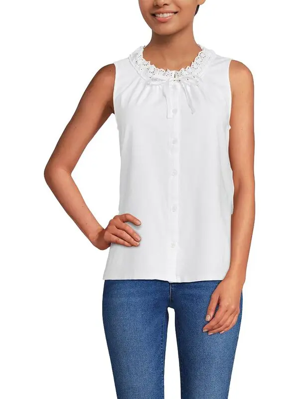 LANDS' END Lightweight Jersey Lace Trim Button Front Tank - White