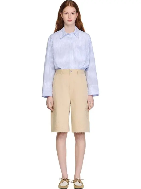 Sandro Cotton Bermuda Shorts With Laser-cut Floral Appliques - Beige