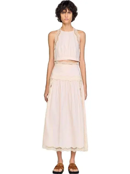 Sandro Cotton Maxi Skirt With Lace Trim - Light Pink