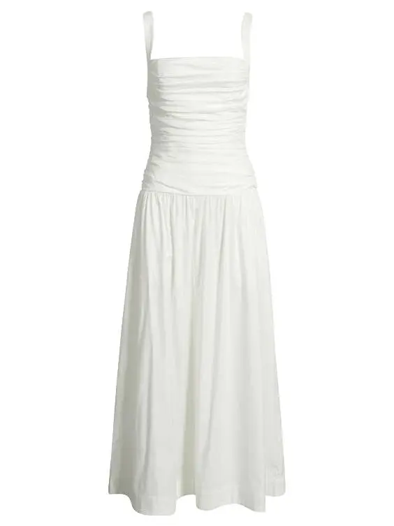 REFORMATION Nesta Ruched Bodice Stretch Cotton Dress - White