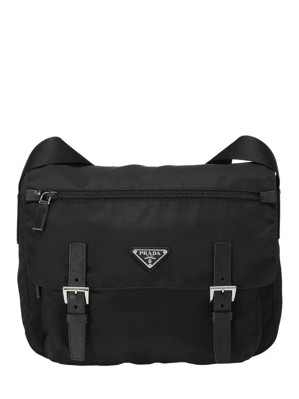 Prada Tessuto Nylon Messenger Bag With Saffiano Leather Trim - Black