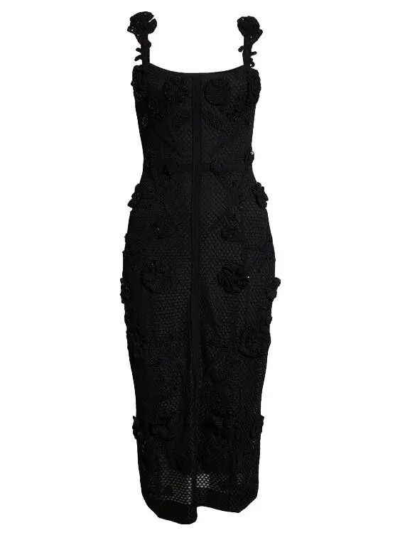 Carolina Herrera Sequin & Crochet Flower Mesh Gown - Black