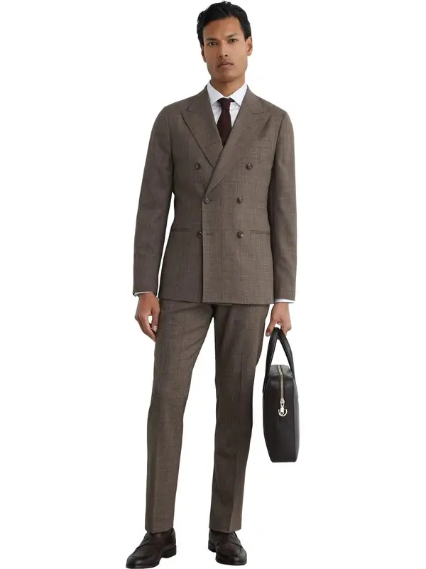 REISS Wool-blend Check Classic-fit Suit Trousers - Chocolate Brown