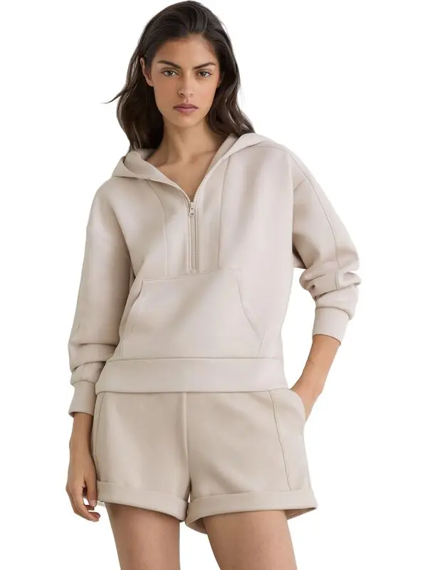 REISS Premium Interlock Half-zip Hoodie - Stone Neutral
